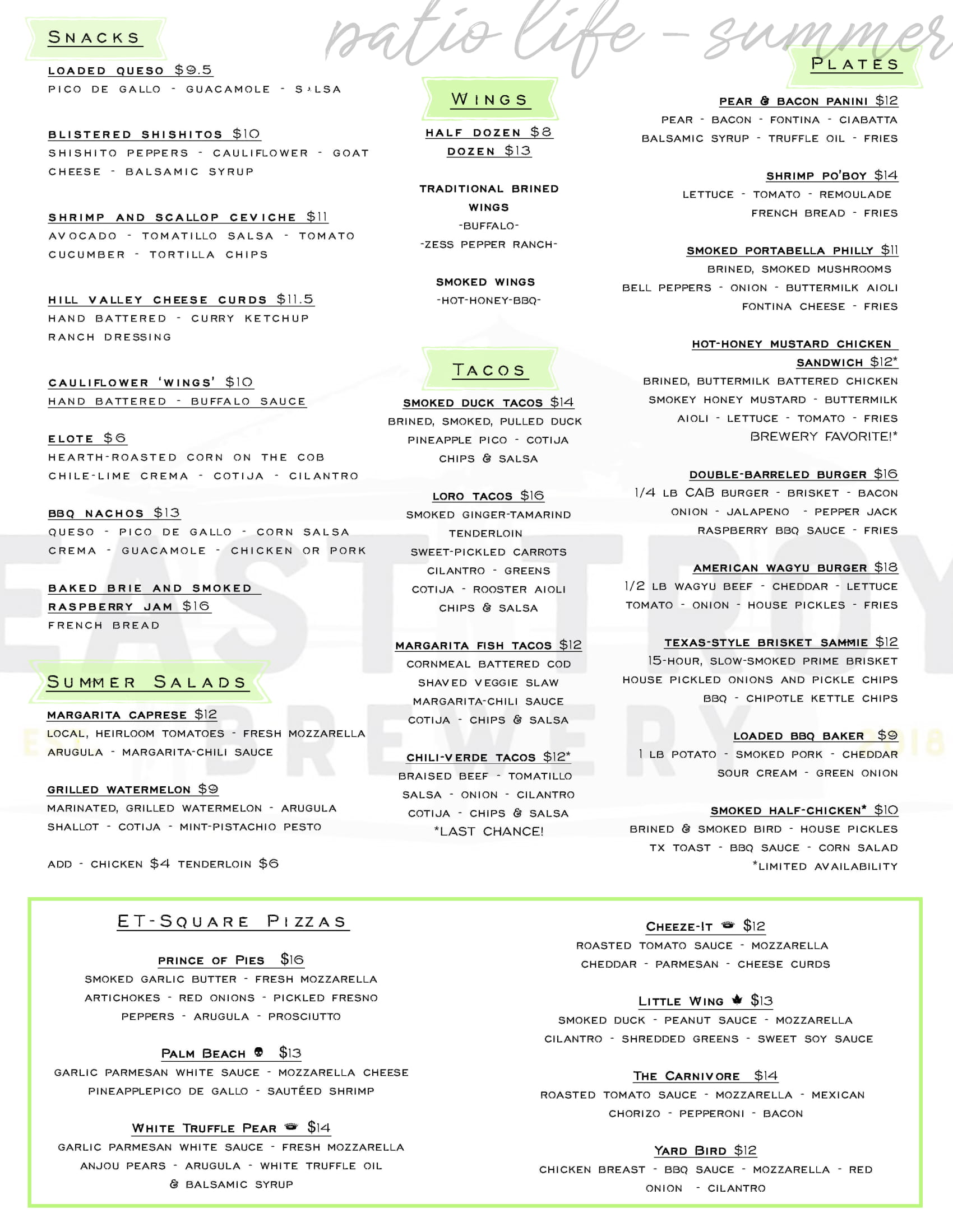 Food Menu | East Troy Brewery