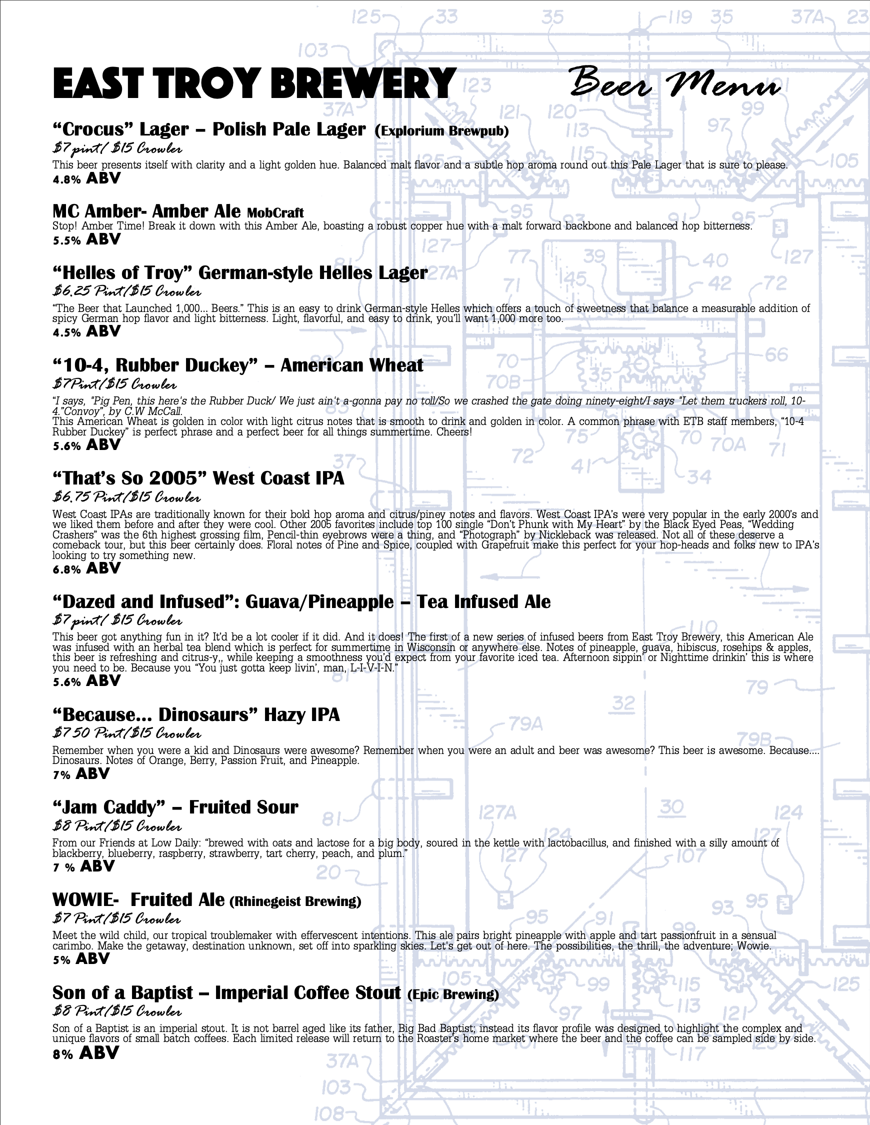 Drink Menu | East Troy Brewery